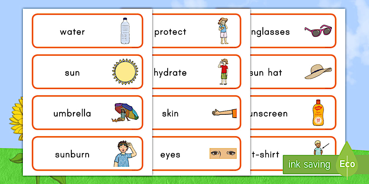 Sun Safety Word Cards | Sun Safety Information | Vocabulary