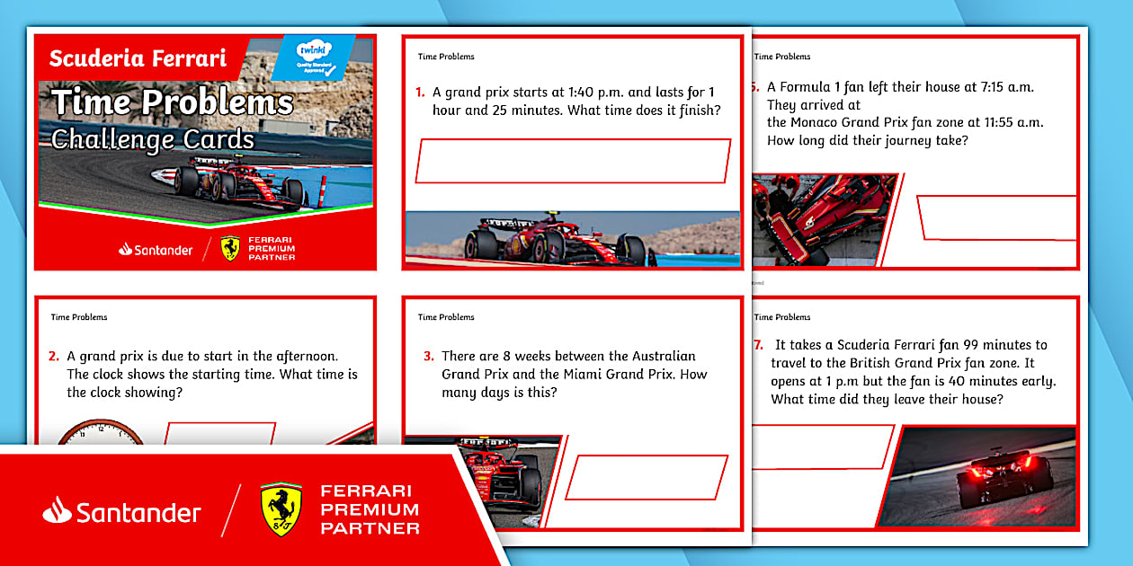 FREE! - 👉 Scuderia Ferrari F1: Time Problems Challenge Cards Ages 7-11