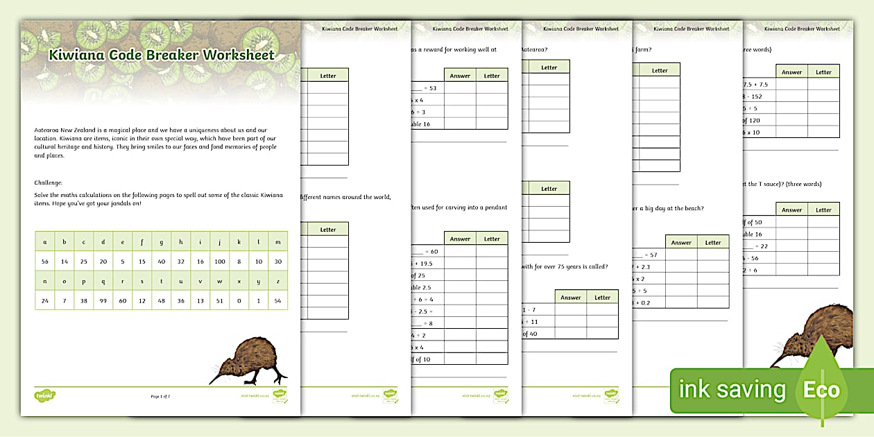 Kiwiana Quiz Code Breaker Worksheet - Year 5 - Twinkl NZ