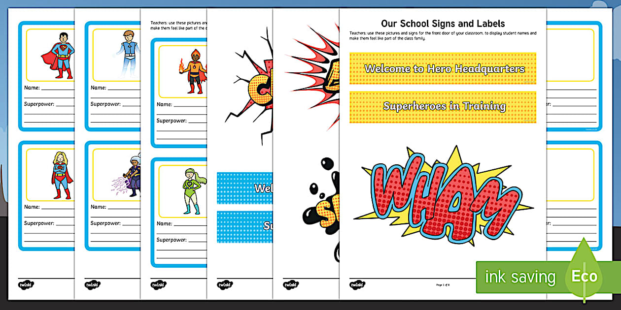 Editable Our School Family Superhero Signs and Labels