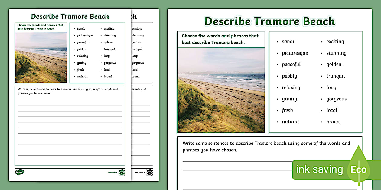 Describe Tramore Beach Worksheet (teacher made) - Twinkl