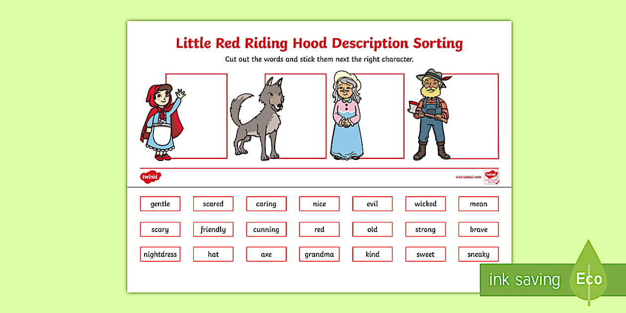 Editable Little Red Riding Hood Cut and Stick Character Description Sorting