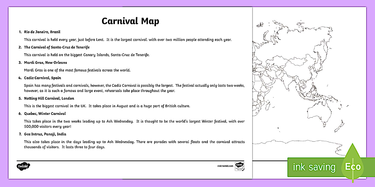 Carnivals Around the World Map Labelling Activity - Twinkl