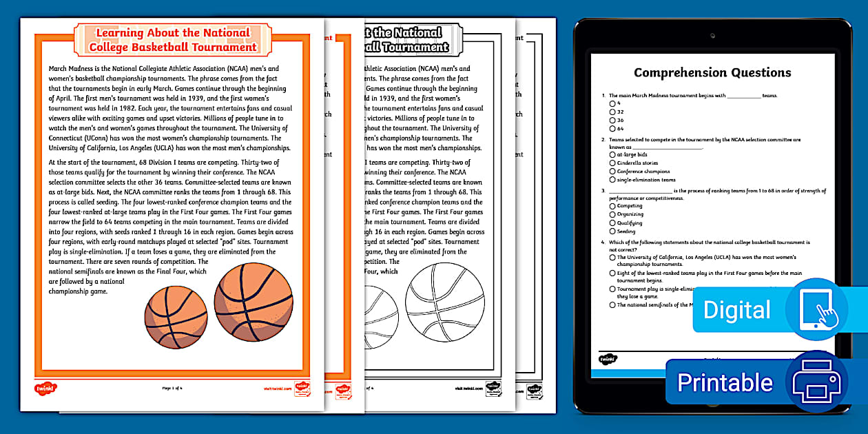Sixth Grade College Basketball Tournie Reading Comp. Wkst.