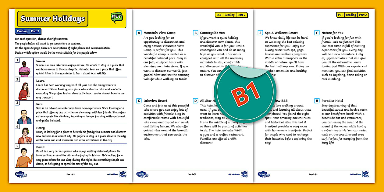 ESL B1 PET Reading Part 2 - Summer Holidays on Twinkl