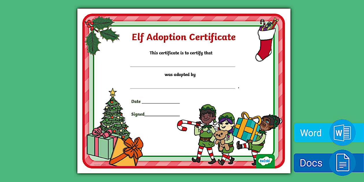 Editable Scout Elf Adoption Certificate Word & Google Docs