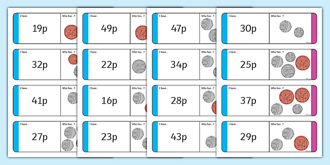 British UK Coin Value up to 50p Loop Cards - British Coin Value Loop Cards