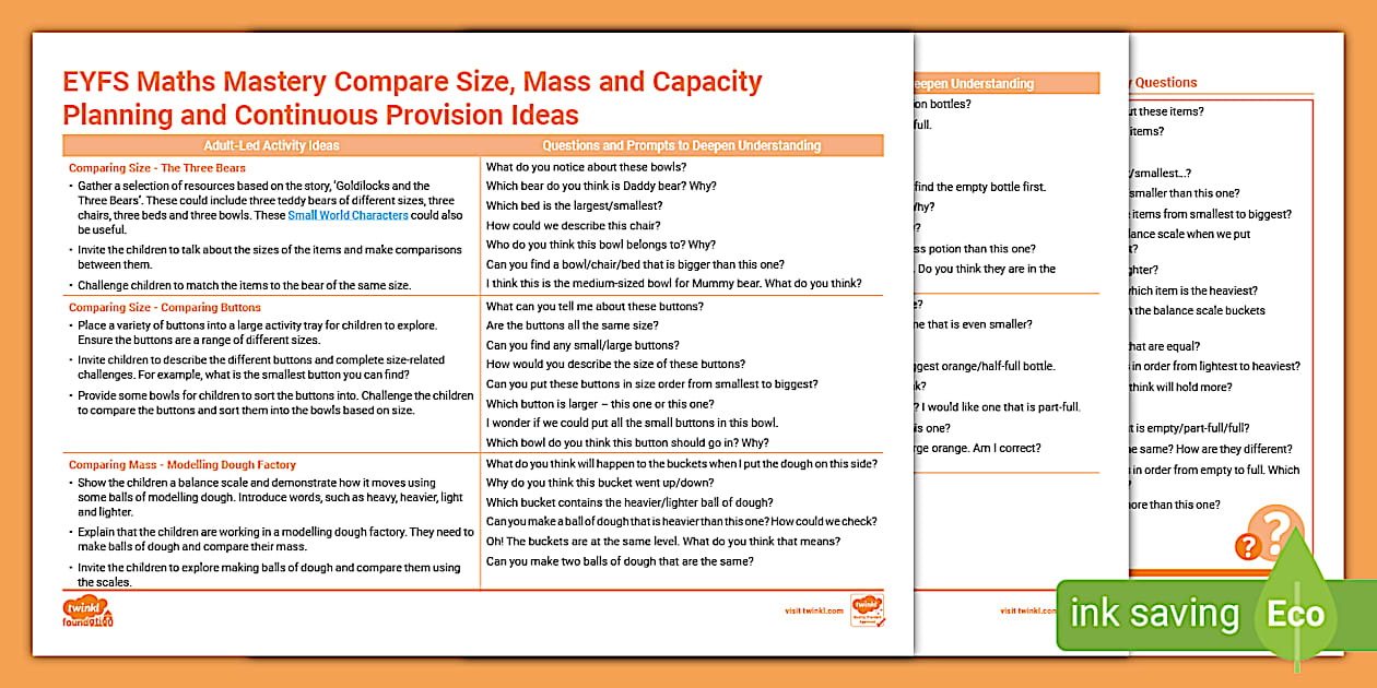 EYFS Maths Mastery Plan Compare Size, Mass and Capacity