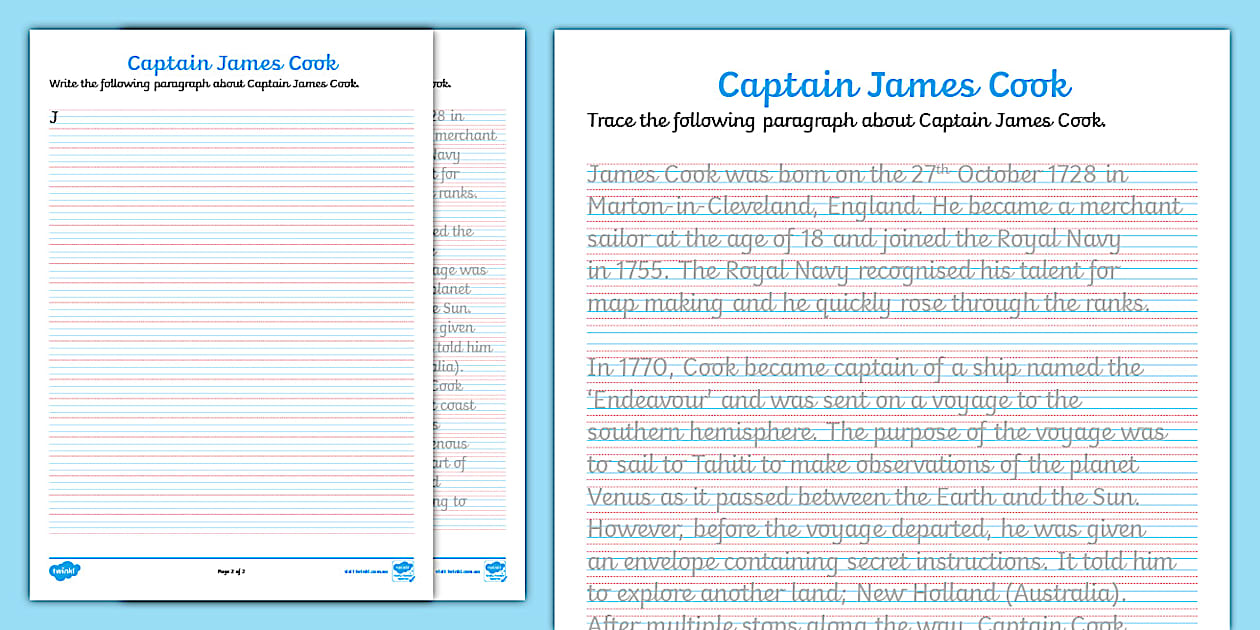 Captain James Cook Handwriting Practice Worksheets - Twinkl