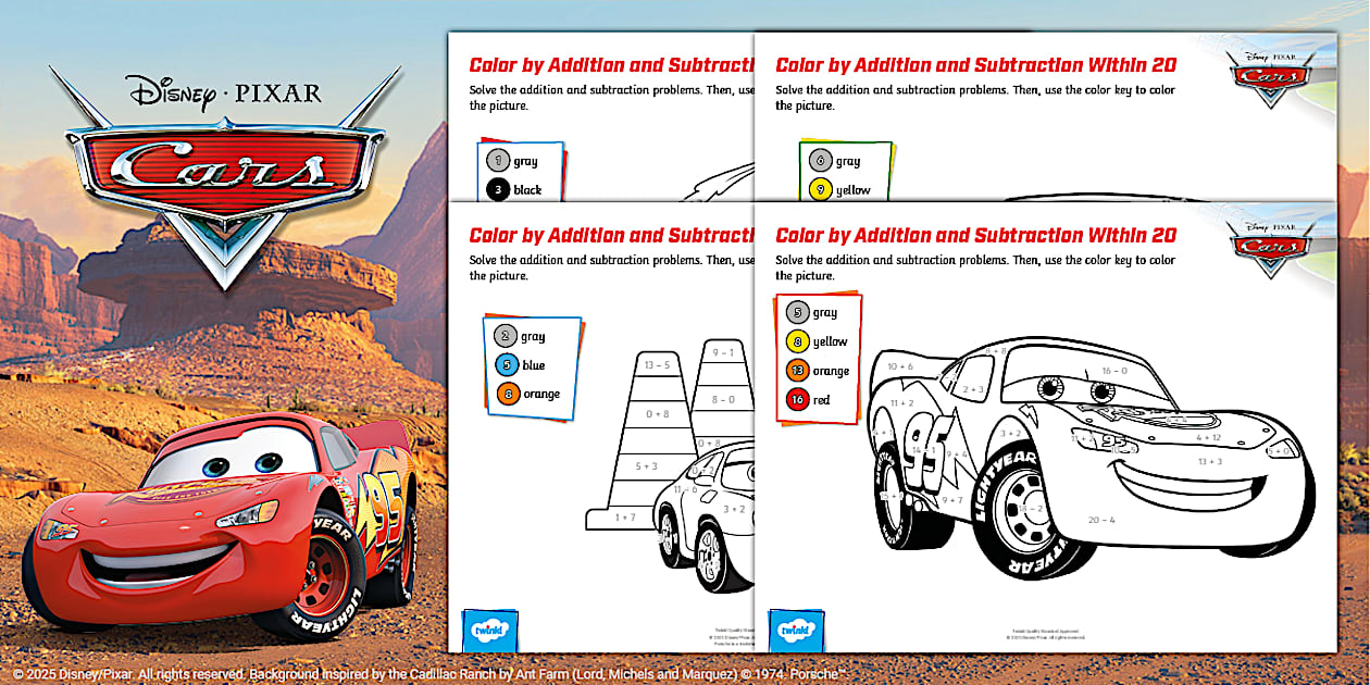 Cars: Color by Addition and Subtraction Within 20 Worksheets