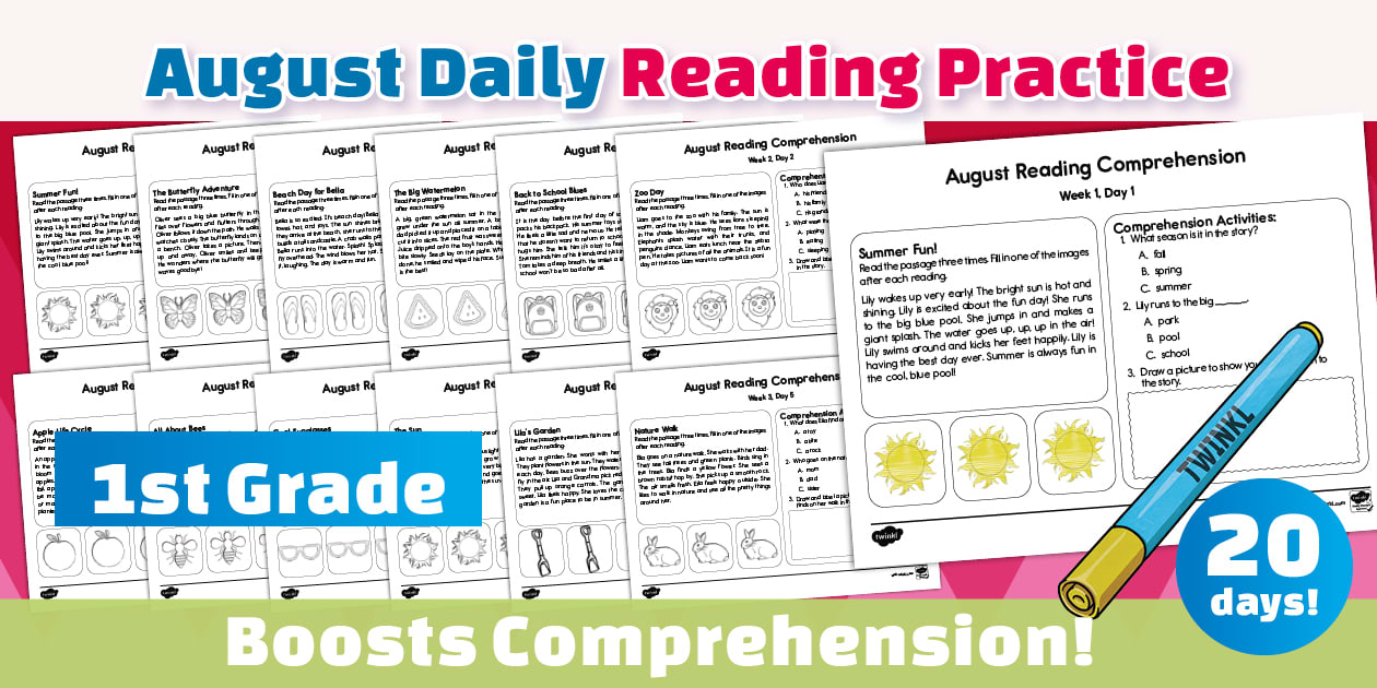 First Grade August Daily Reading Comprehension Mats - Twinkl