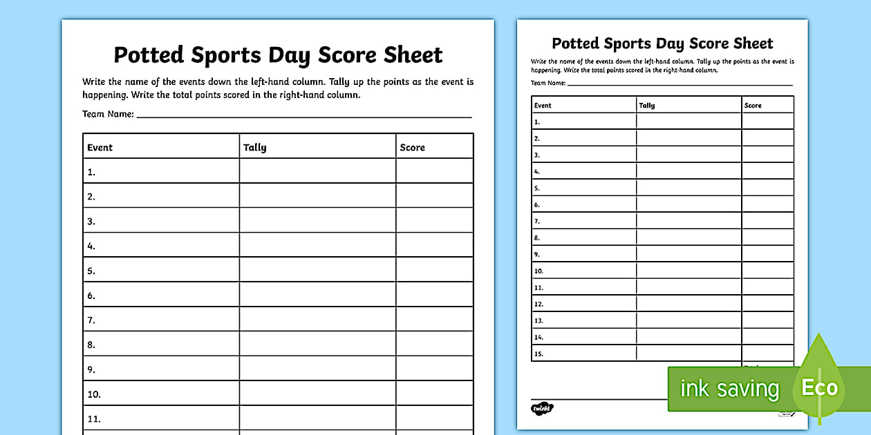 Editable Sports Day Score Sheet Worksheet (teacher made)