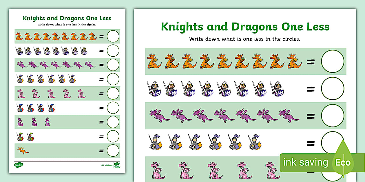 👉 Knights and Dragons One Less Counting Activity Sheet