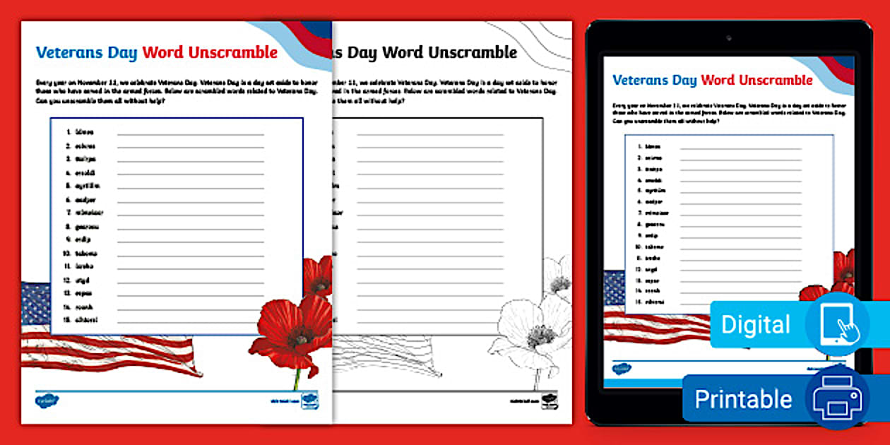 Veterans Day Word Unscramble for 3rd-5th Grade - Twinkl