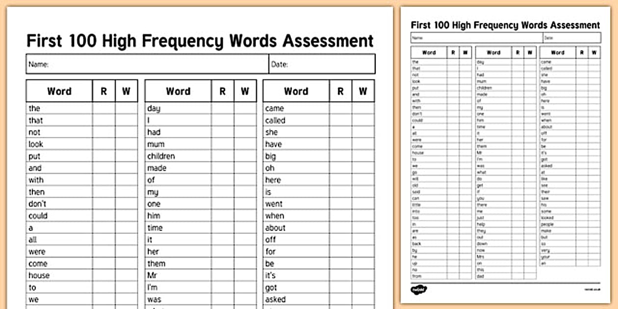 First 100 High-Frequency Words Assessment Checklist for KS1