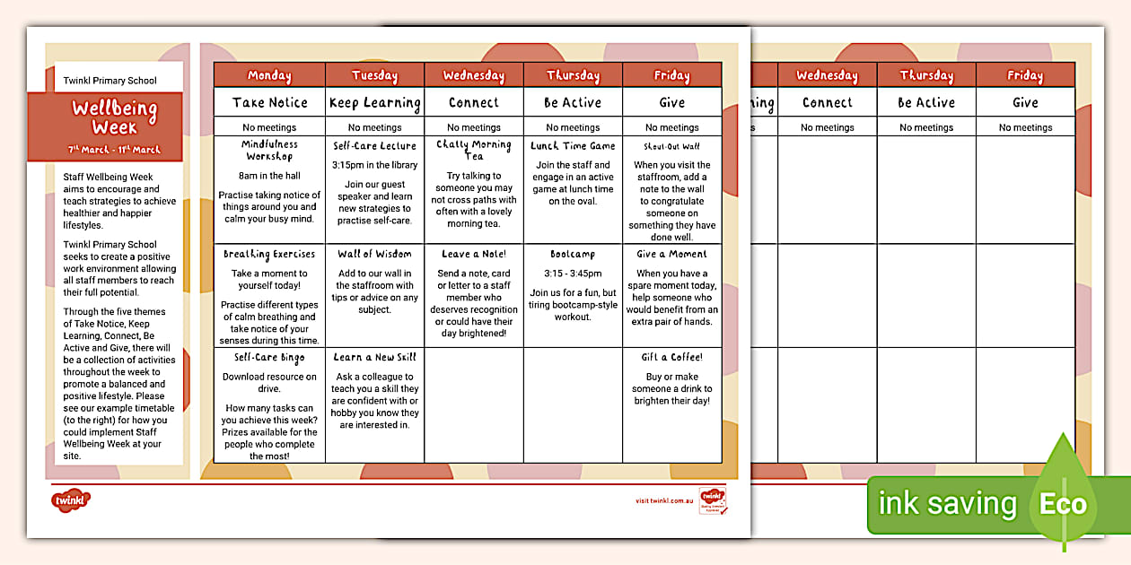 Staff Wellbeing Week Editable Timetable - Twinkl