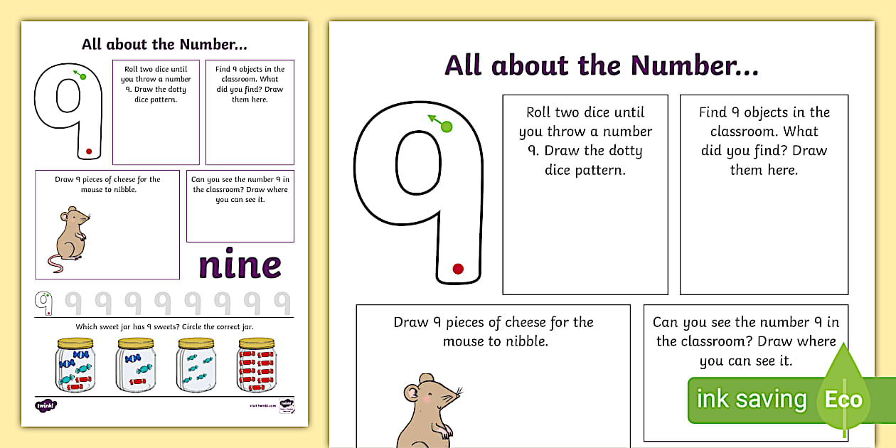 All About the Number 9 Worksheet (teacher made) - Twinkl