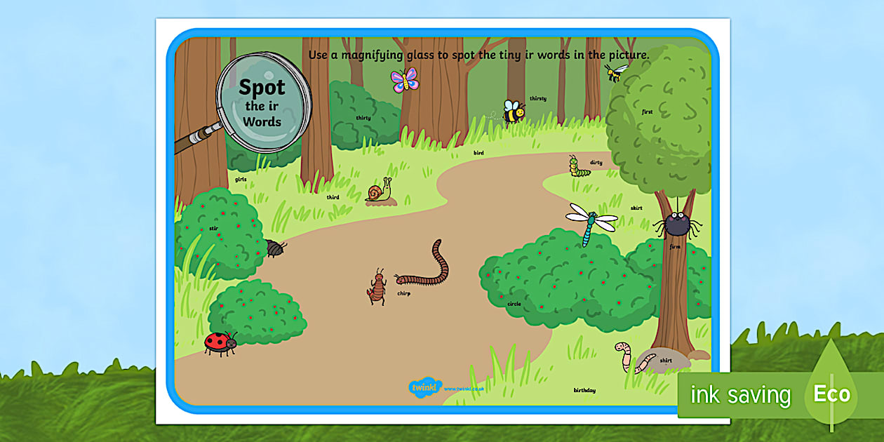 Black and White Phase 5 ir Words Minibeasts Scene Magnifying Glass ...