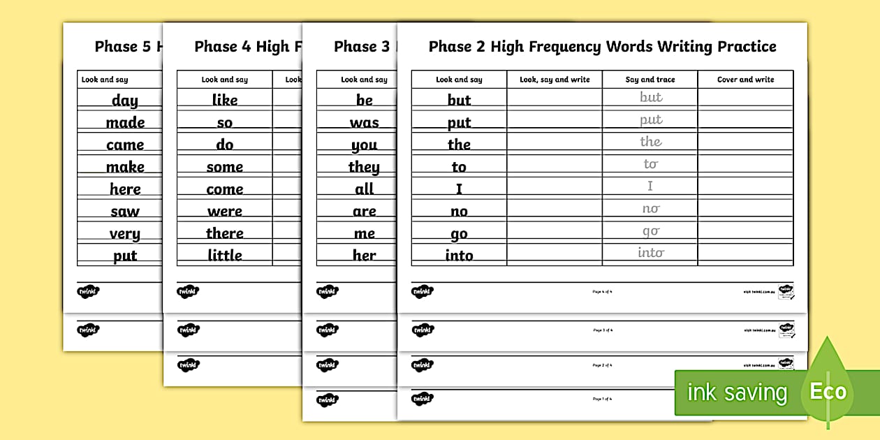 Phase 2 to 5 High Frequency Words Writing Practice Worksheet ...