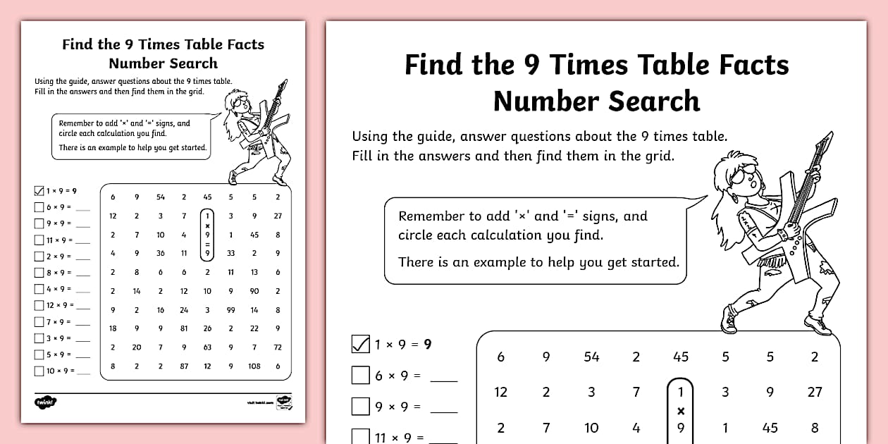 Find the 9 Times Table Facts Number Search Activity Sheet