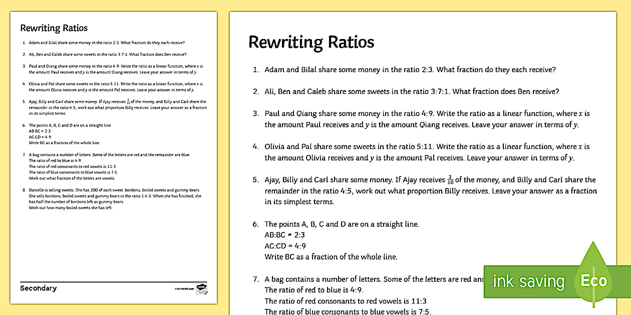 Rewriting Ratios Worksheet - Secondary Maths KS3 - Twinkl
