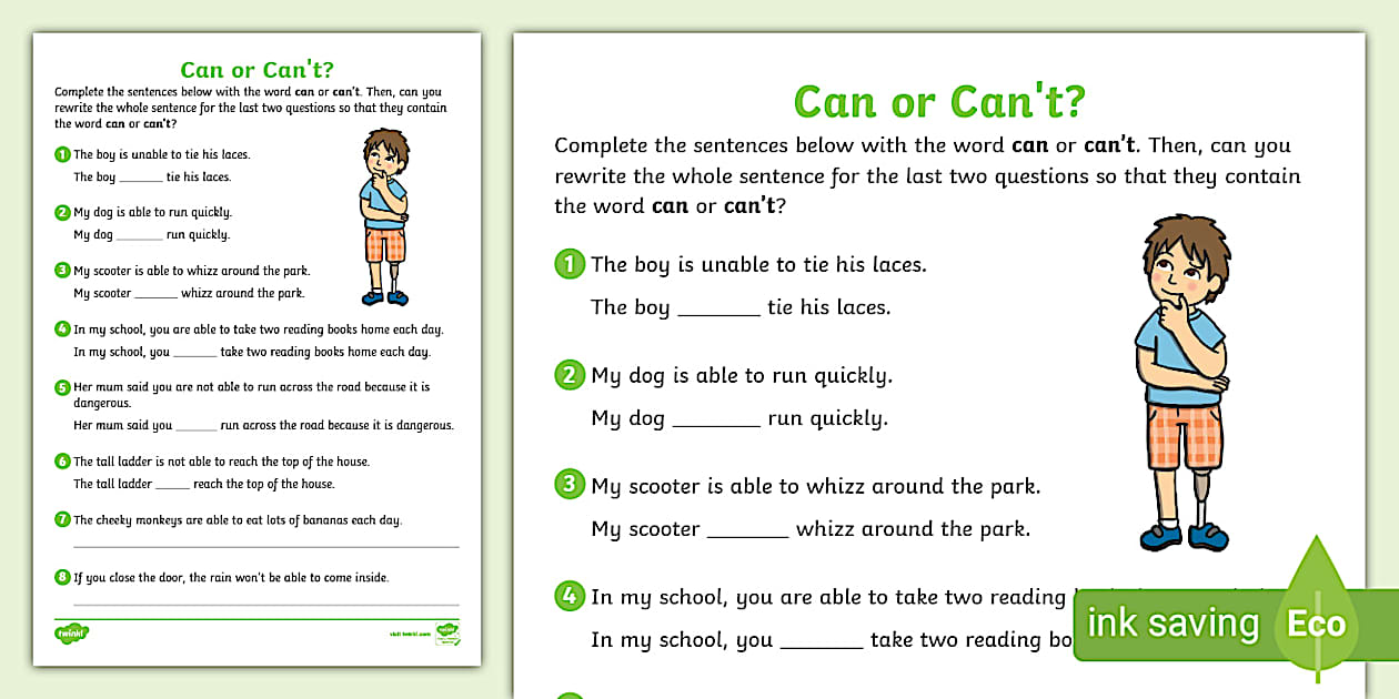 Can or Can't Sentence Writing Activity (Teacher-Made)