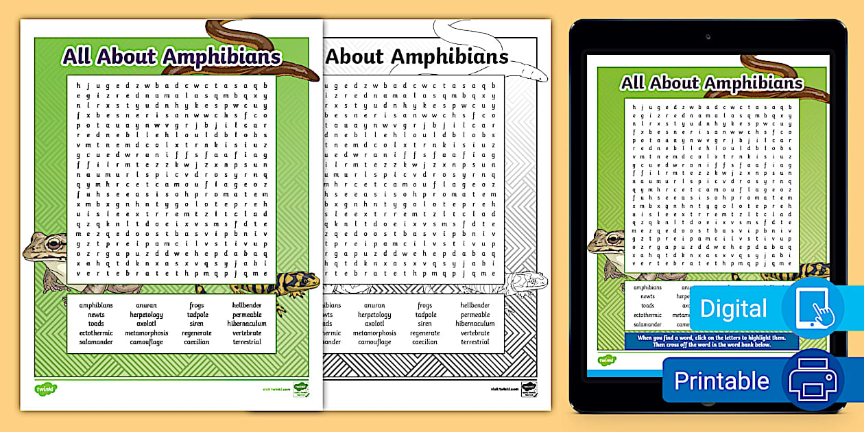All About Amphibians Word Search for 6th-8th Grade - Twinkl