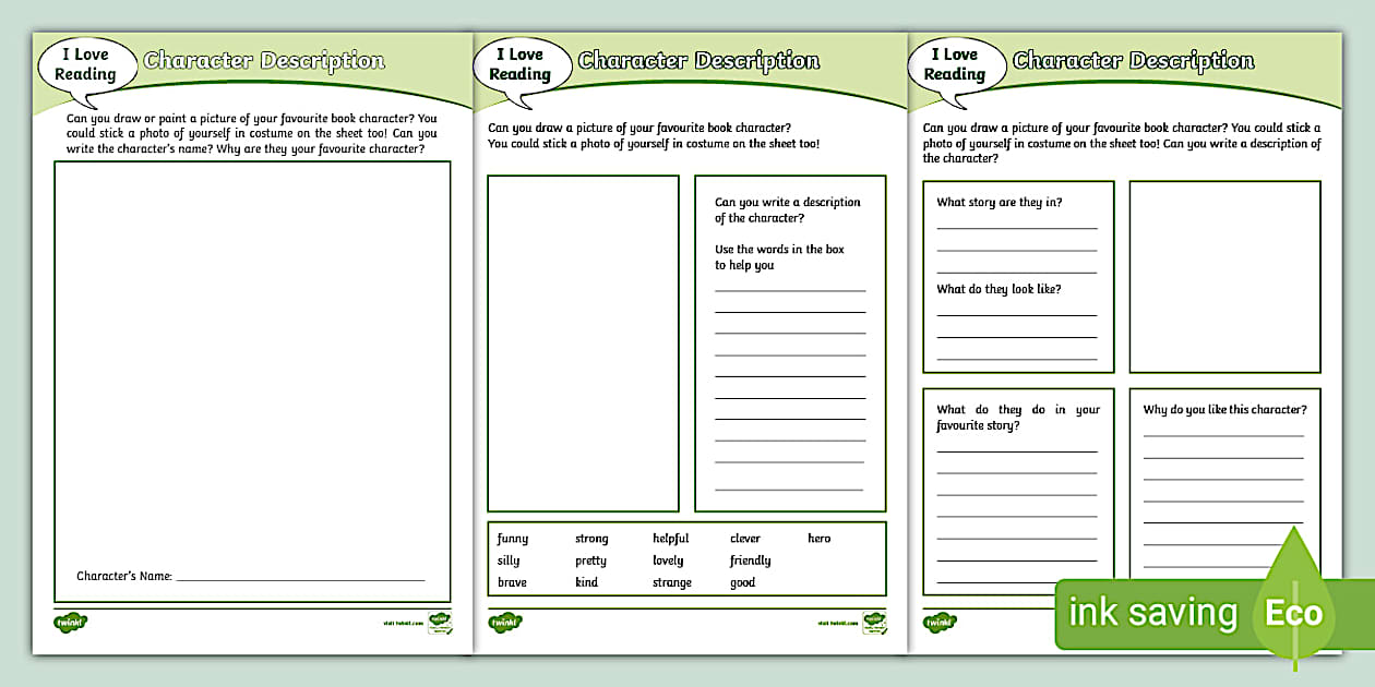 I Love Reading Character Description Worksheets - Twinkl