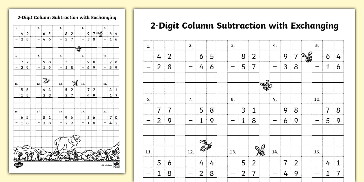 Spring-Themed 2-Digit Column Subtraction with Exchanging