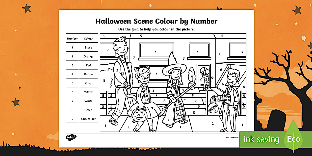 Editable Halloween Scene Color by Number Activity - Twinkl