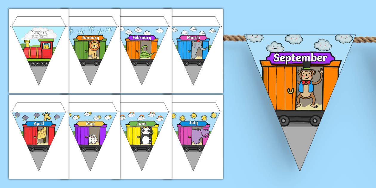 👉 Months of the Year Animal Train Bunting with Weather Themed Backgrounds