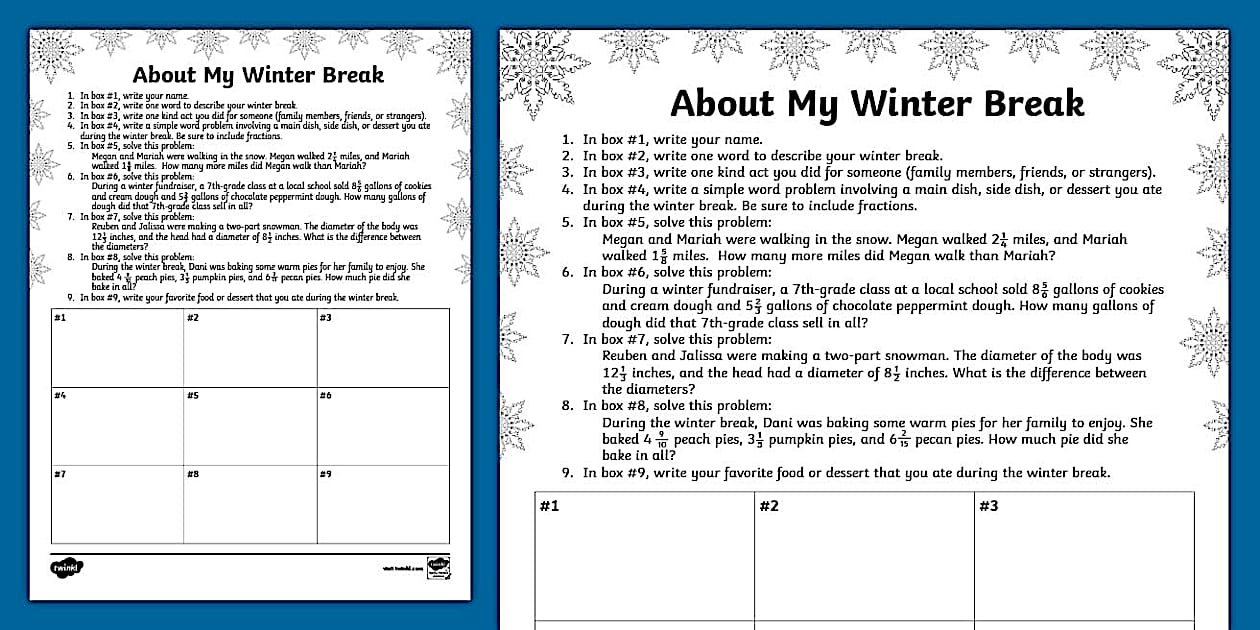 Seventh Grade About My Winter Break Math Worksheet - Twinkl