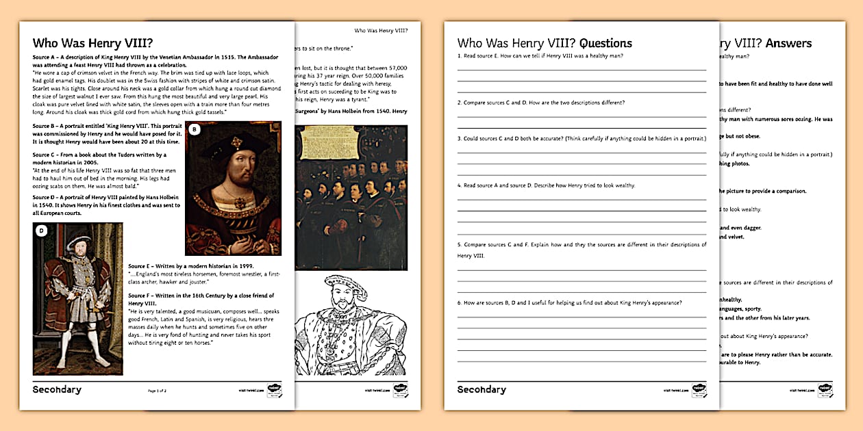 Henry VIII Differentiated Worksheet | Twinkl History