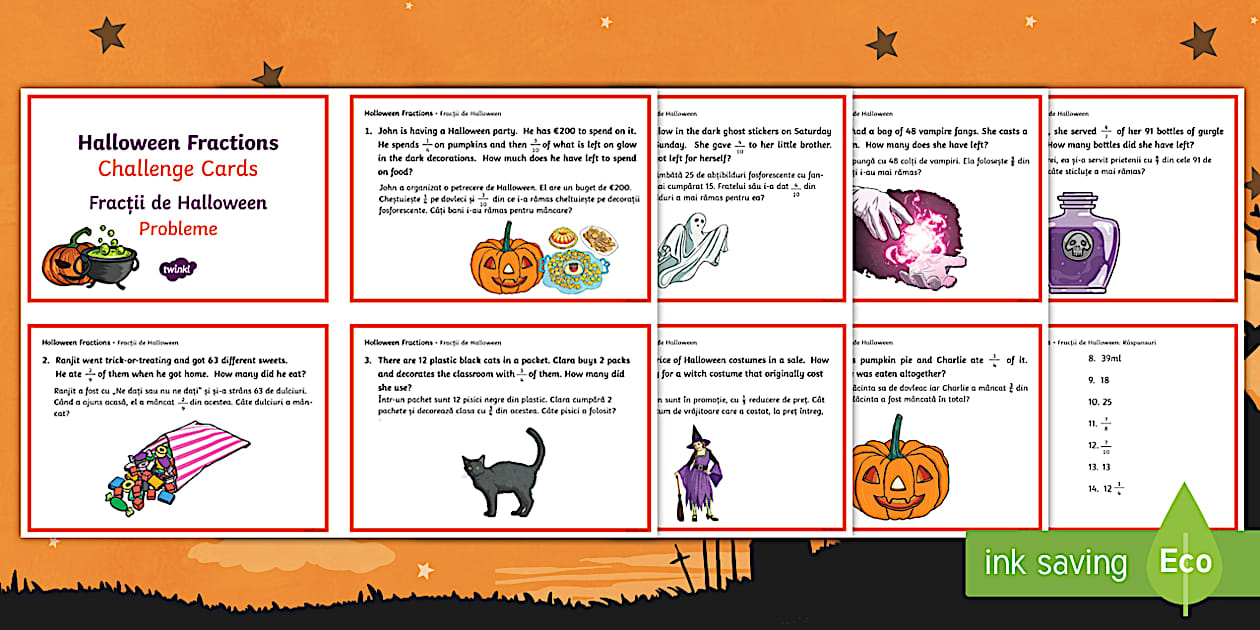 Year 5 Halloween Fractions Maths Challenge Cards English/Romanian