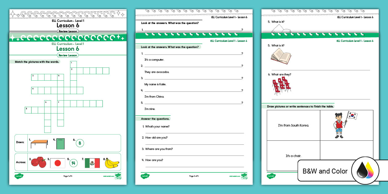 ELL Curriculum: Level 1, Lesson 6 Worksheet (teacher made)