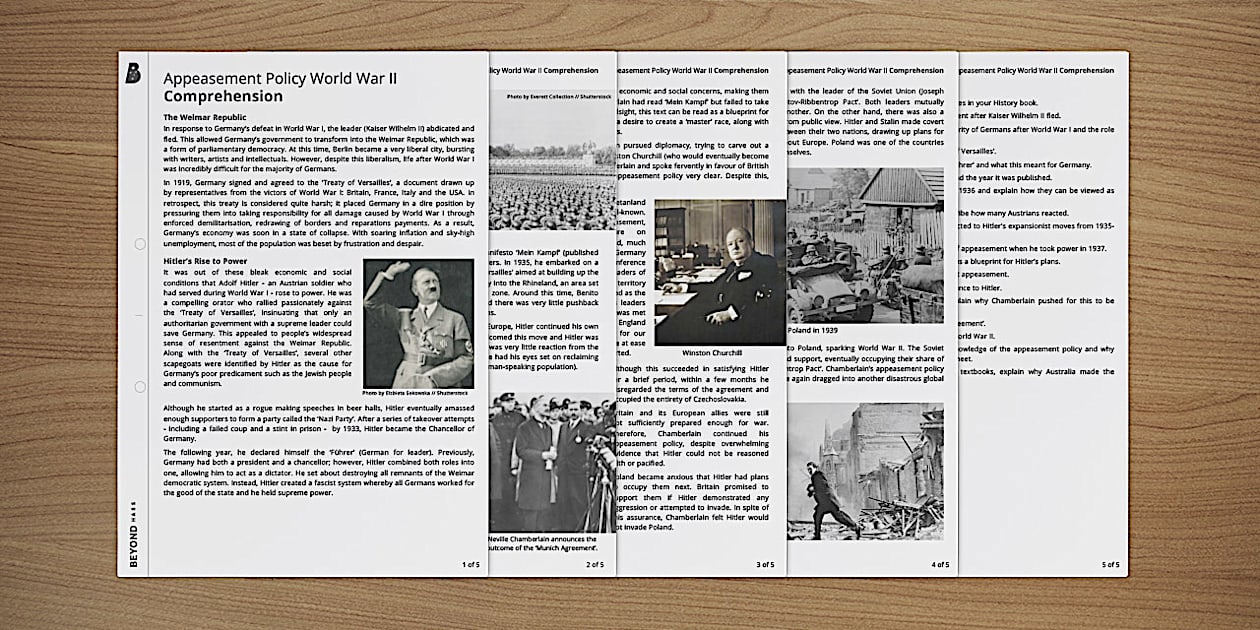 Appeasement Policy World War II Comprehension (teacher made)