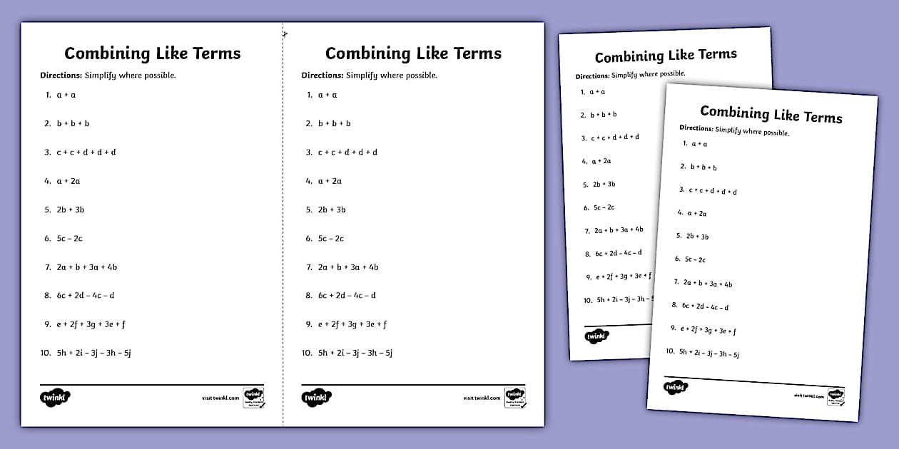 Seventh Grade Combining Like Terms (teacher made) - Twinkl