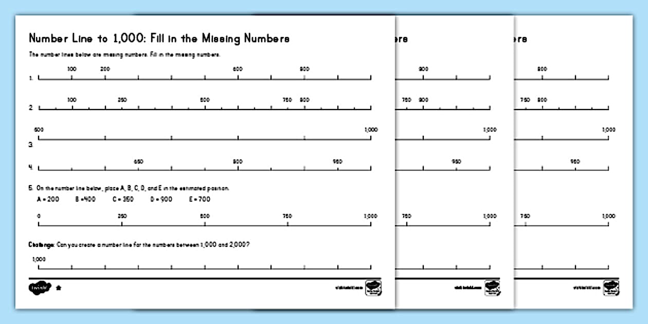 Number Line to 1,000 Missing Numbers Differentiated Activity Worksheet