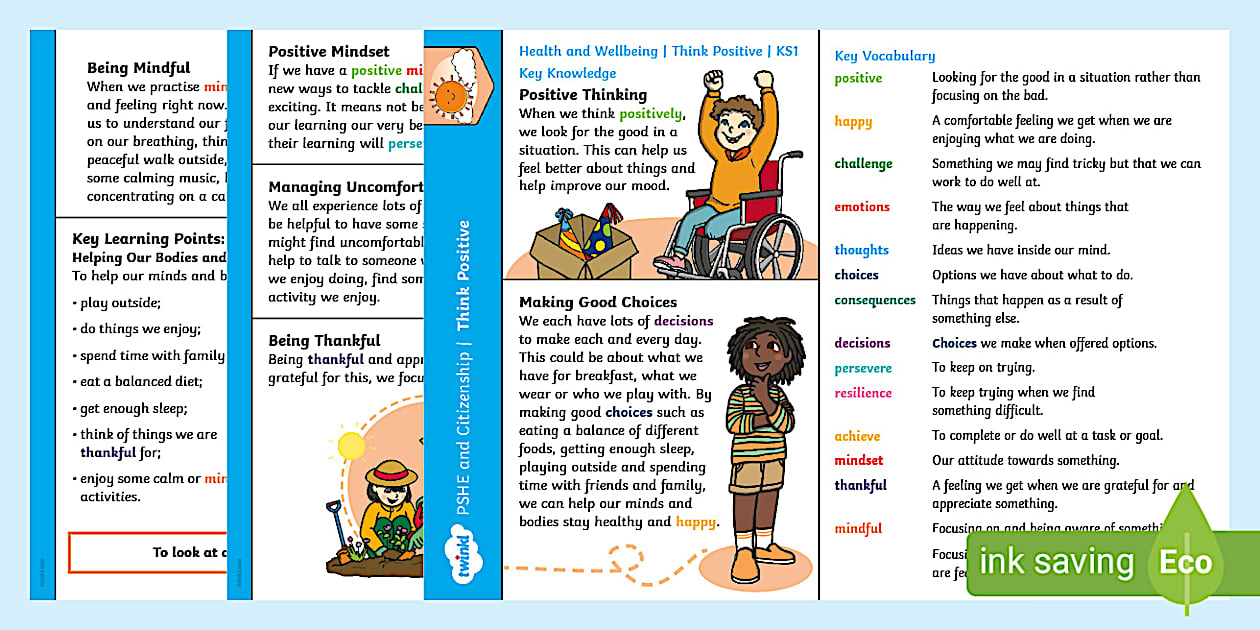 PSHE: KS1 Think Positive - Knowledge Organiser - Twinkl