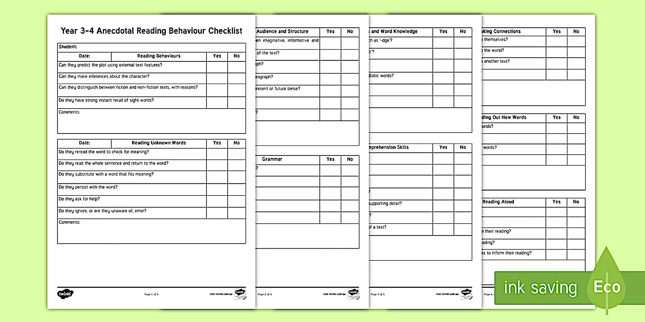 Year 3 and 4 Anecdotal Reading Checklist | Primary Resources