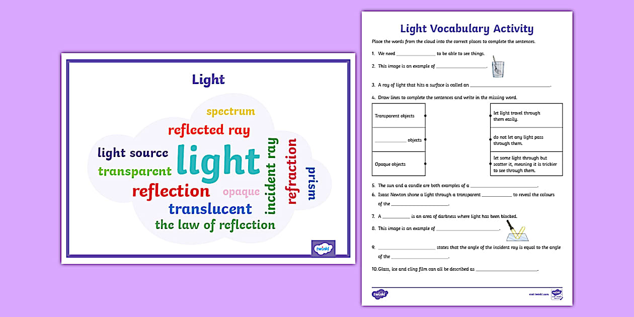 Y6 Light Science Vocabulary Cloud and Retrieval Questions