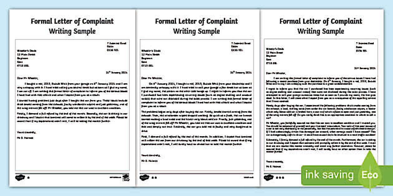 Formal Complaint Example | Printable Resource (teacher made)