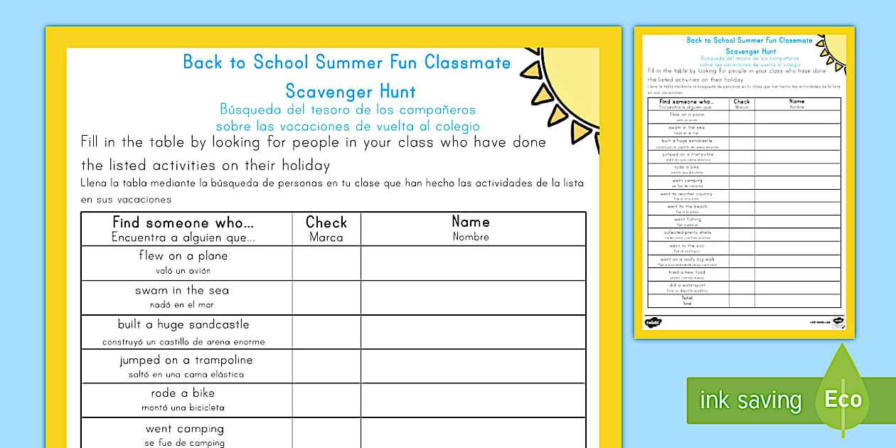 Scavenger Hunt in Spanish and English | Back to School- Guía de trabajo