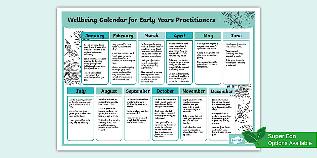 Wellbeing Calendar for Early Years Practitioners - Twinkl