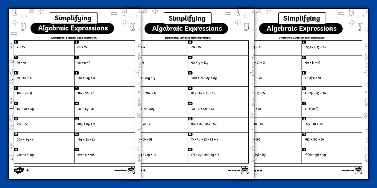 Simplifying Algebraic Expressions | Worksheet | Twinkl USA