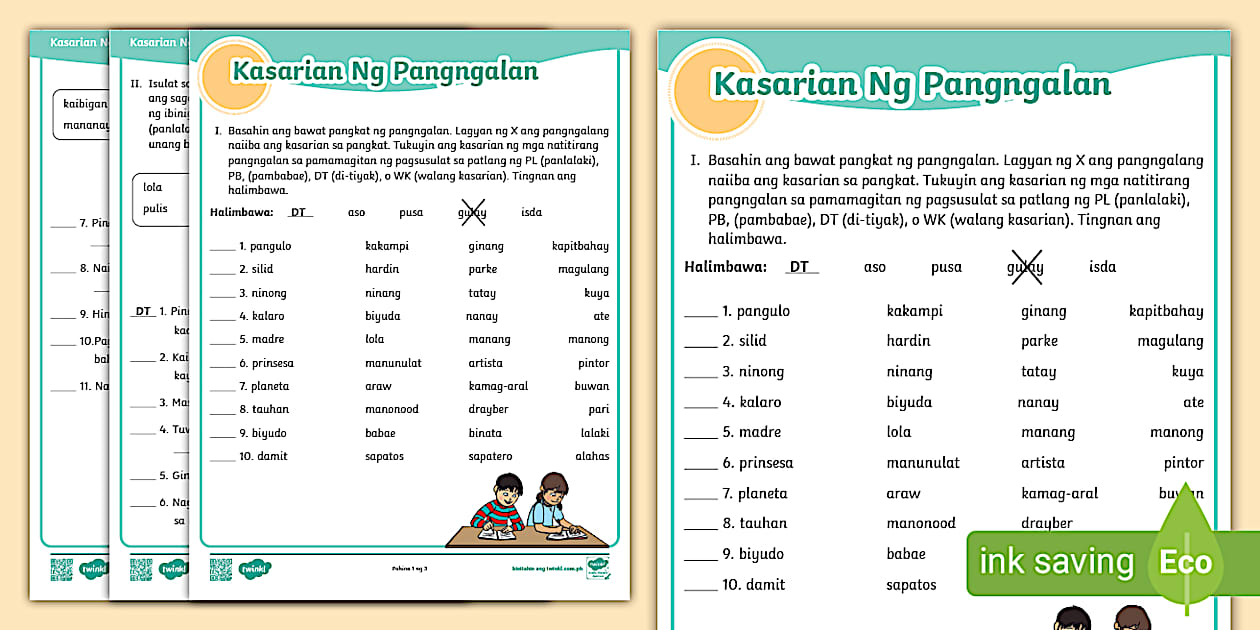 Kasarian Ng Pangngalan: Sipi Ng Pagsasanay | Grade 1 | Twinkl