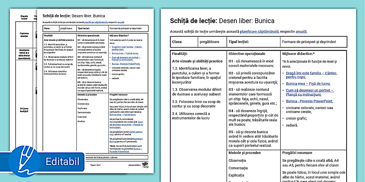 Desen liber: Bunica – Schiță de lecție clasa pregătitoare