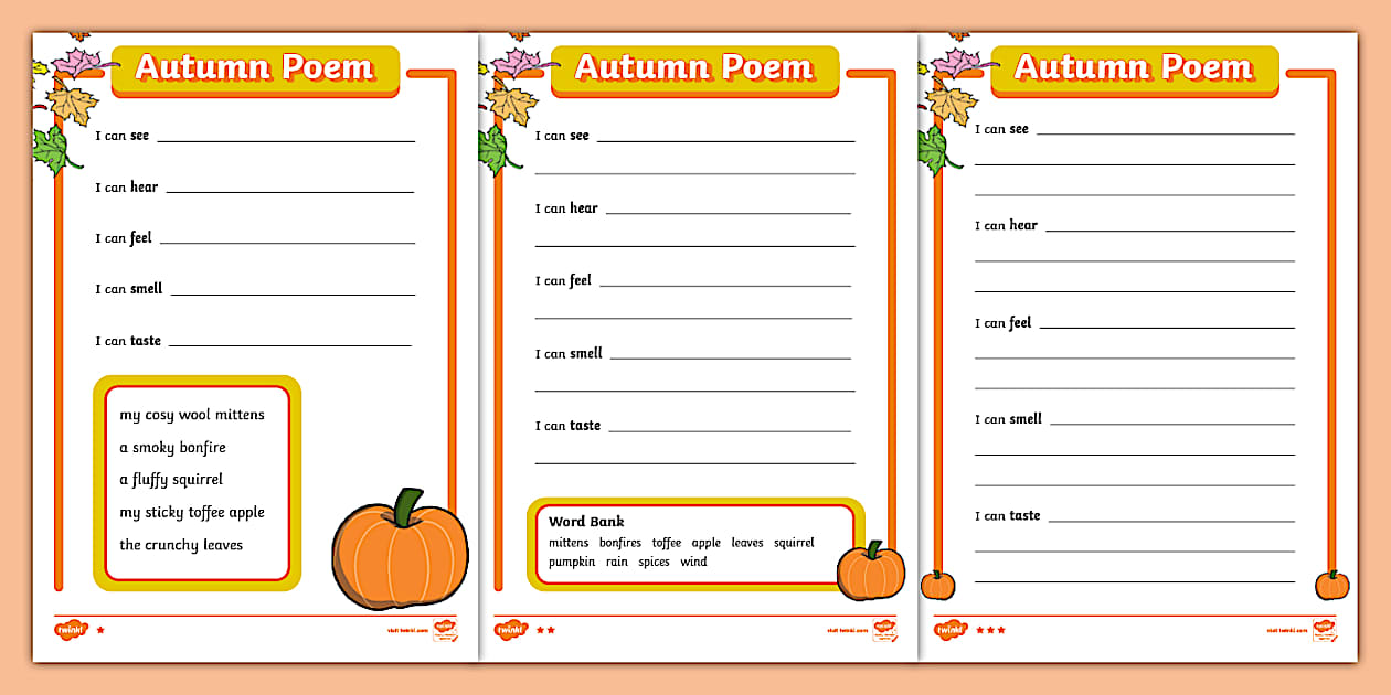 Autumn Poem Differentiated Writing Frames - Twinkl