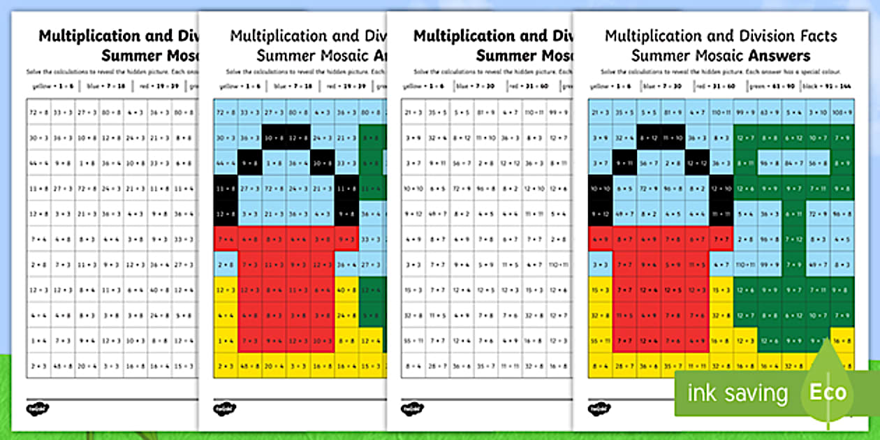 KS2 Summer-Themed Multiplication and Division Facts Mosaic Worksheet