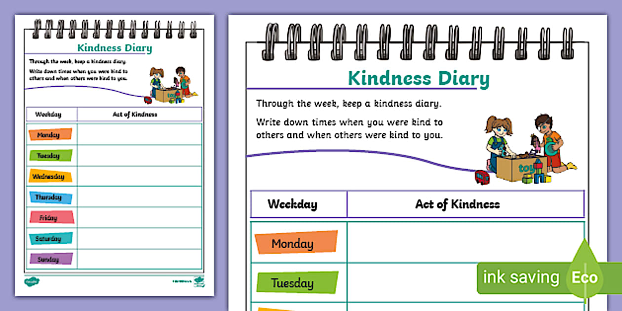 Editable Kindness Diary Worksheet (professor feito) - Twinkl